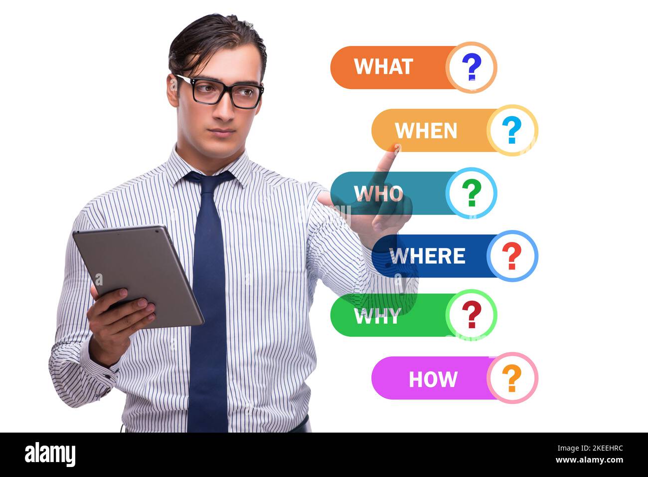 Concept of many different questions asked with the businessman Stock ...