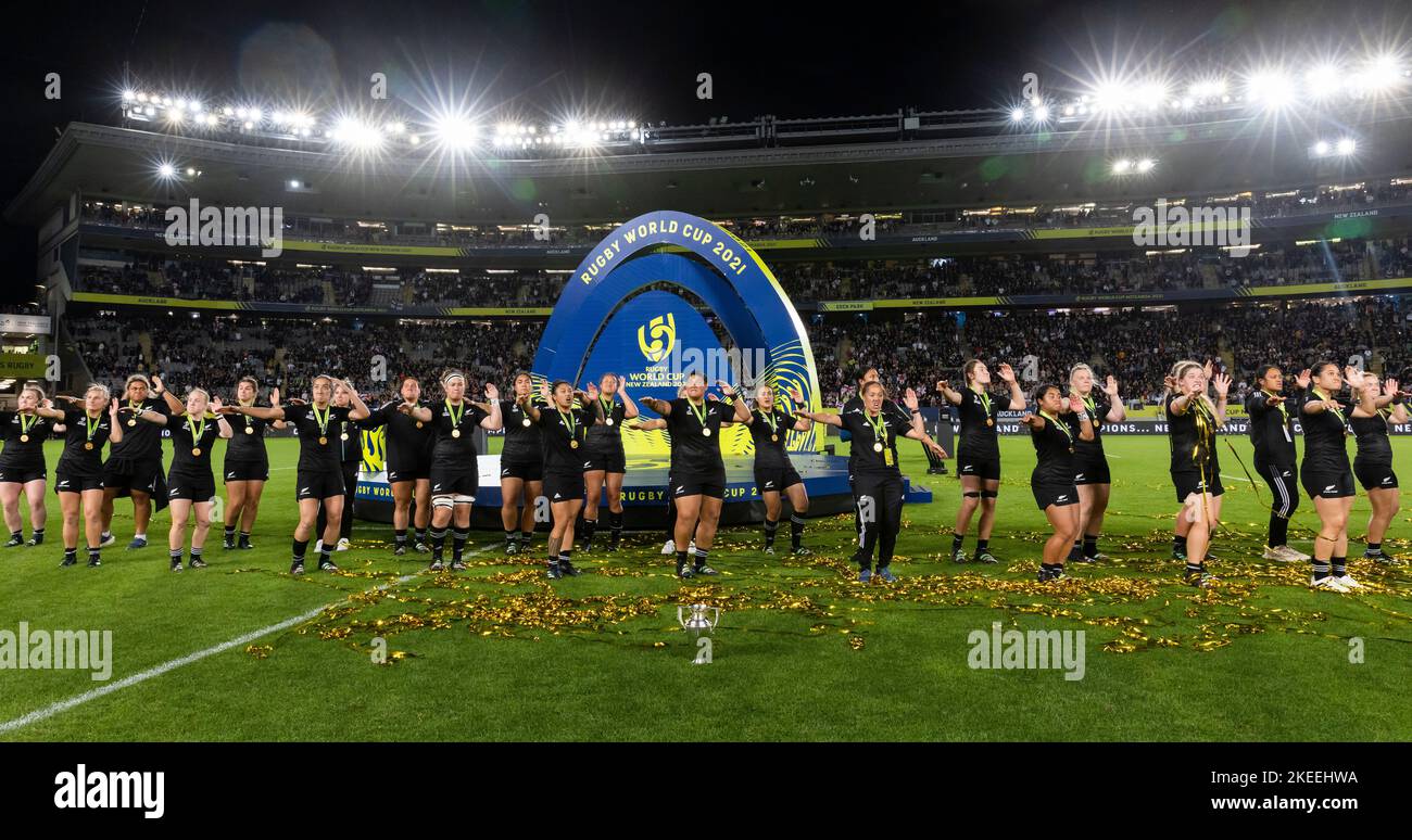 New Zealand players perform the Haka following the Women's Rugby World ...