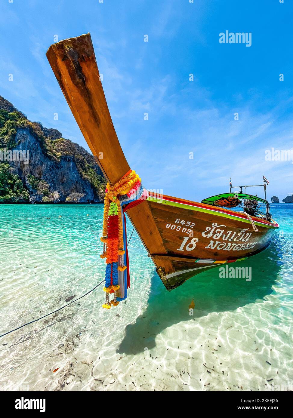 Long Tail boat in Monkey Beach in koh Phi Phi Don island, in Krabi, Thailand Stock Photo - Alamy