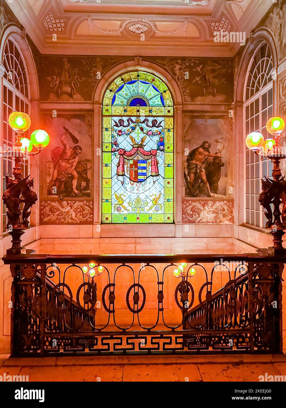 Lisbon, Portugal, Inside stairway, Stained Glass Window, Traditional ...