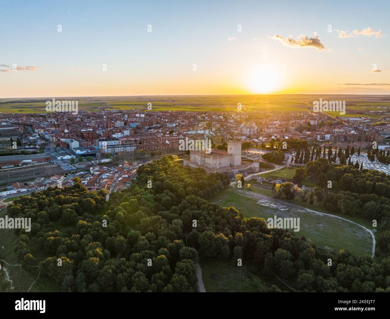 Aerial view of the Spanish town of Medina del Campo in Valladolid, with ...