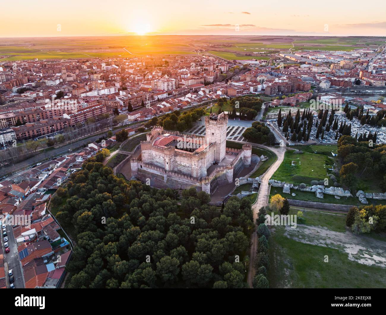 Aerial view of the Spanish town of Medina del Campo in Valladolid, with ...