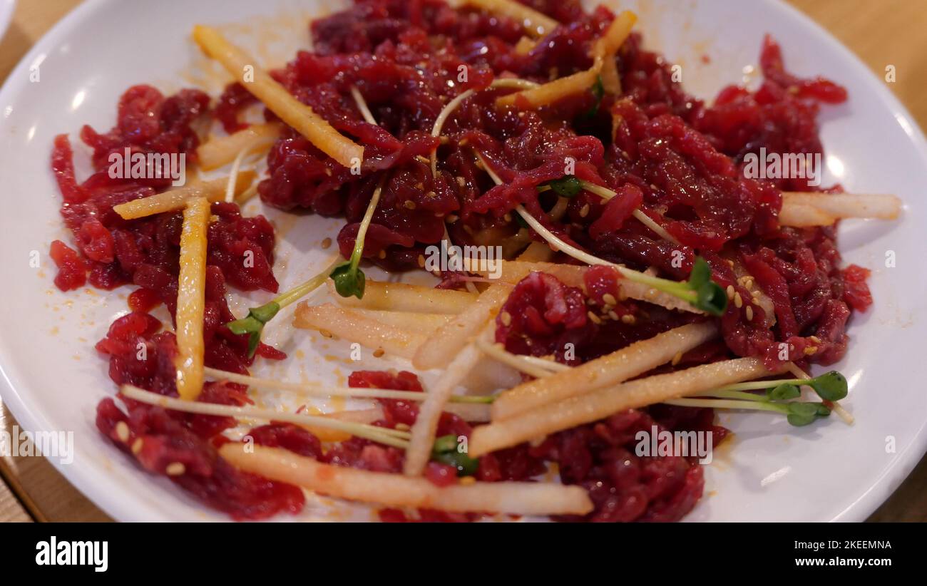 Steak tartare with vegetables - fresh raw Korean street food Stock ...