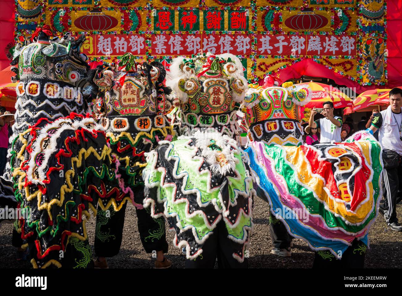 Rear view of four elaborate, colourful lion dance puppets at the ...