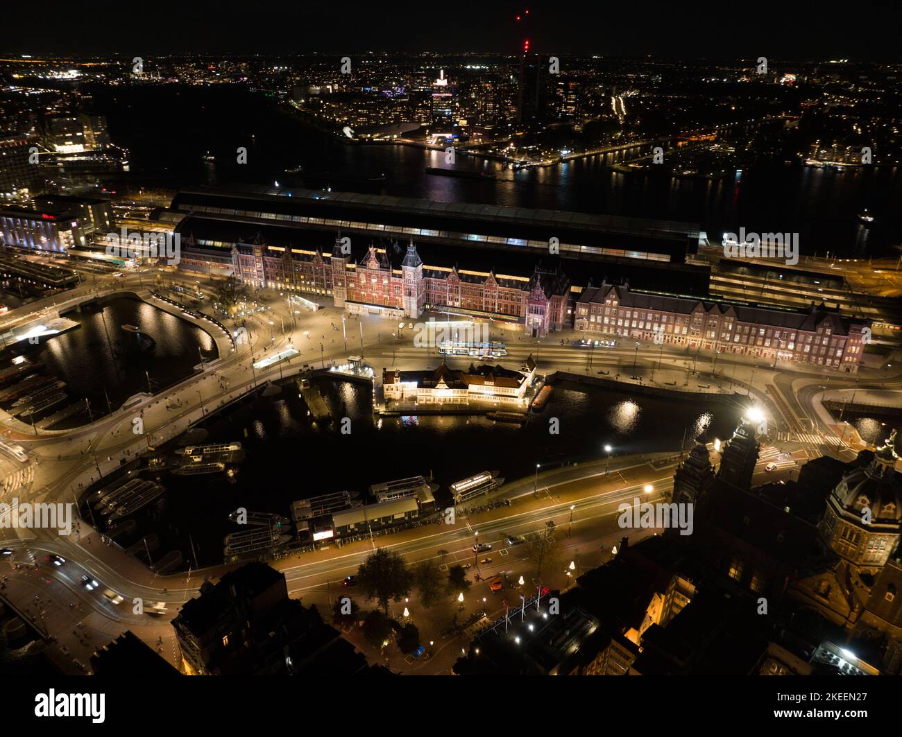 Amsterdam city center skyline by night aerial drone overhead view ...