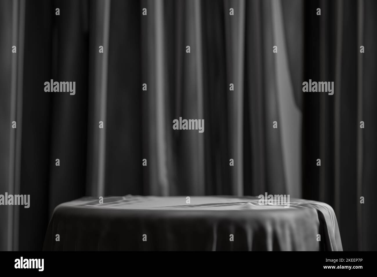 Black silky fabric with shiny waves and round stage for product ...