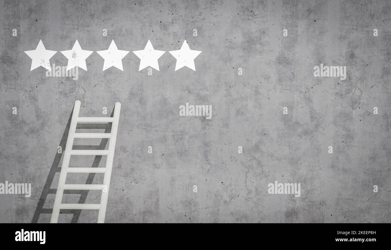 stairs leading to five star rating. 5 stars on grey wall. achieving ...