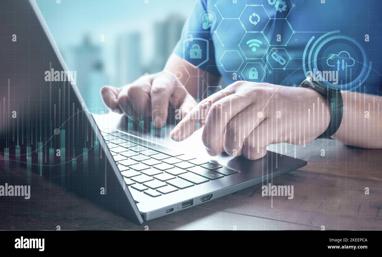 Digital system for transferring documents. Man Typing Keyboard Laptop ...