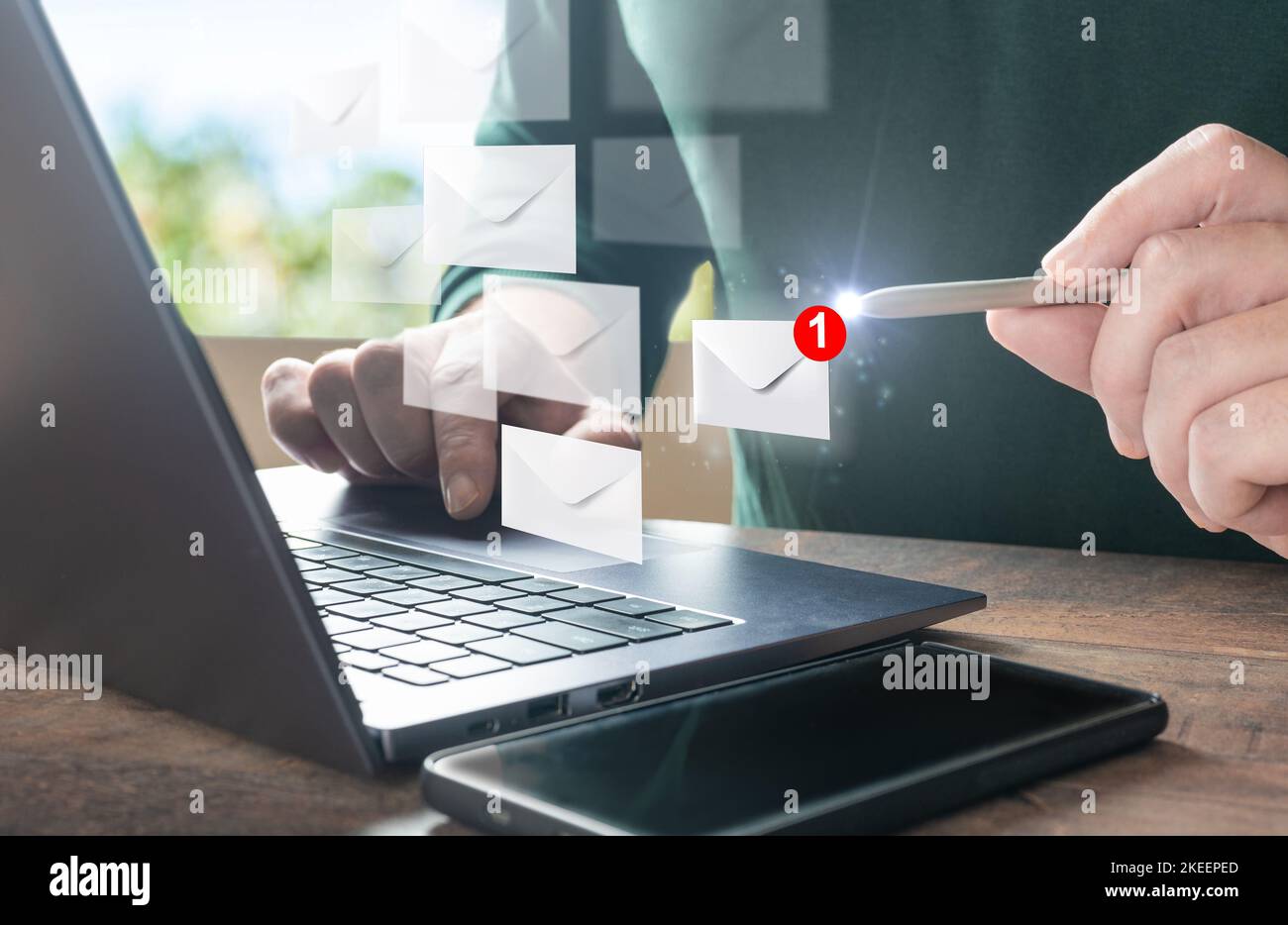 man using laptop pc with push notifications for incoming emails ...