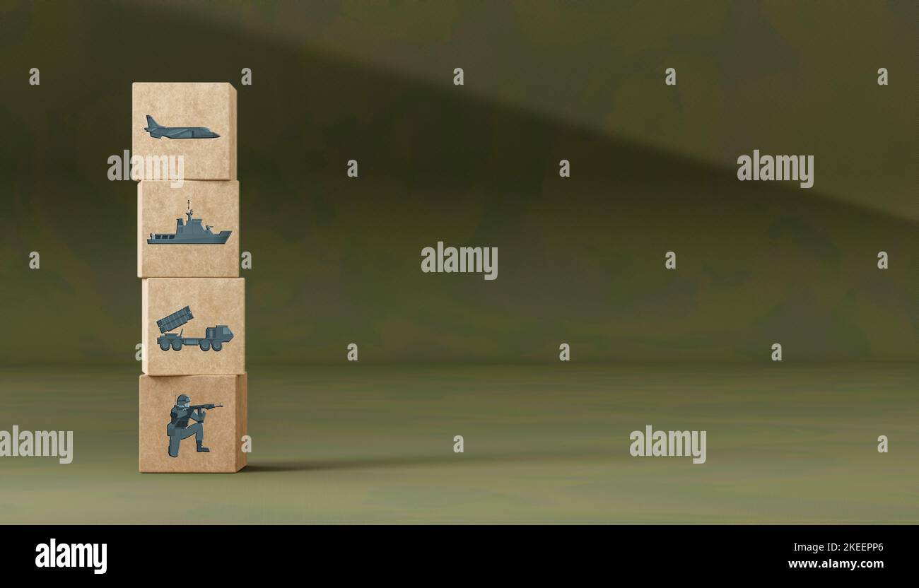 Military equipment wooden block icons on with camouflage background ...