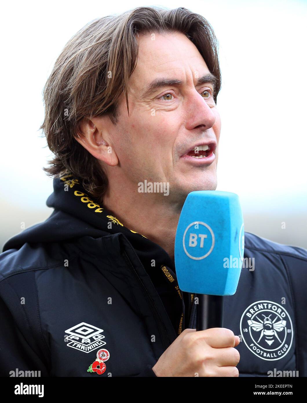 Brentford manager Thomas Frank is interviewed by BT Sport ahead of the ...