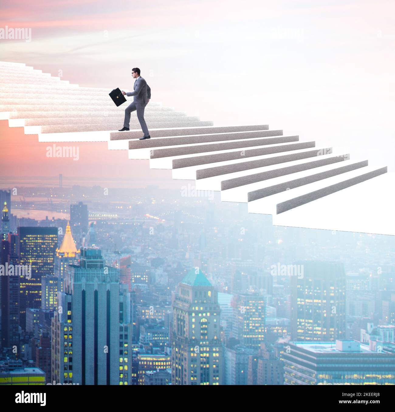 The businessman climbing career ladder over city Stock Photo - Alamy