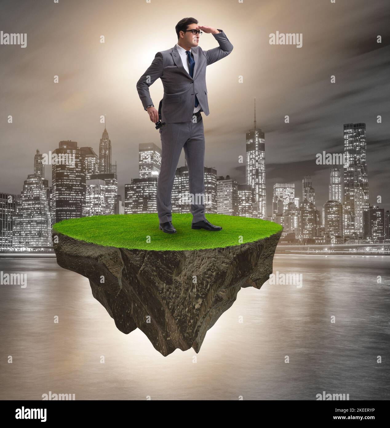 The businessman on flying island looking into future Stock Photo - Alamy