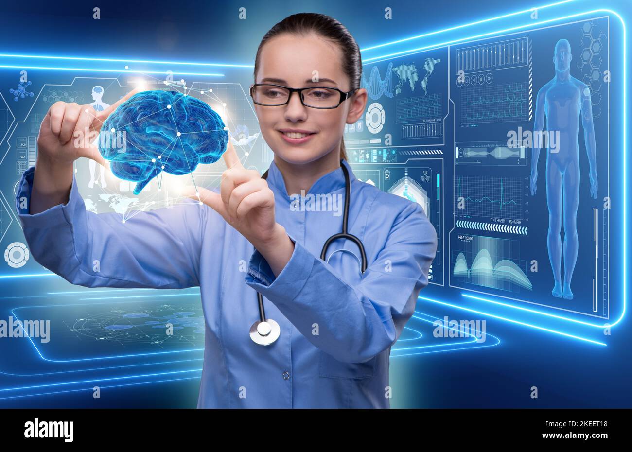 The female doctor with the brain in medical concept Stock Photo - Alamy