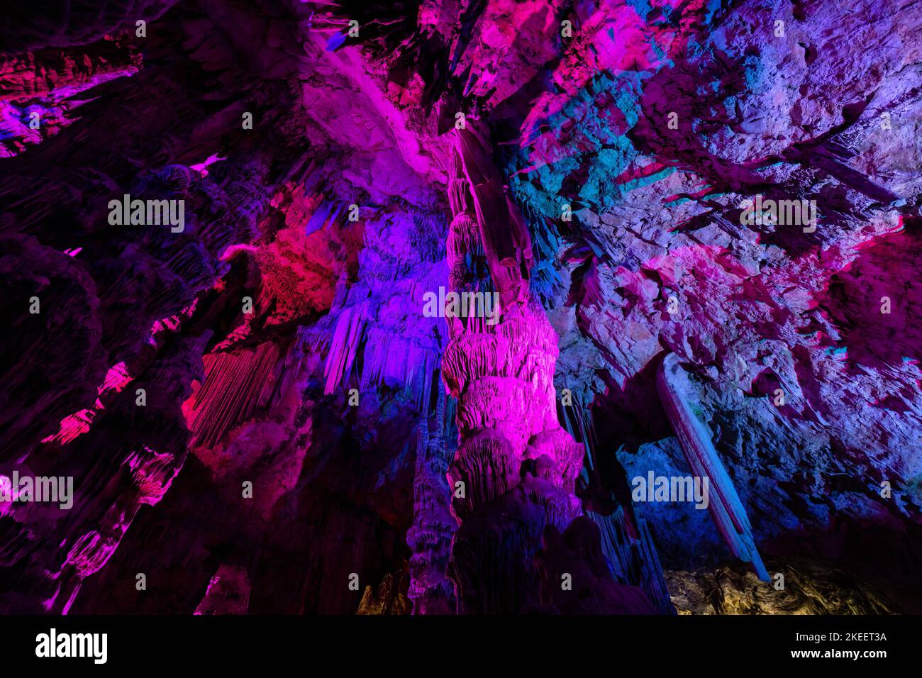 Saint Michael's Cave with colorful lights. Natural Rock Formation ...