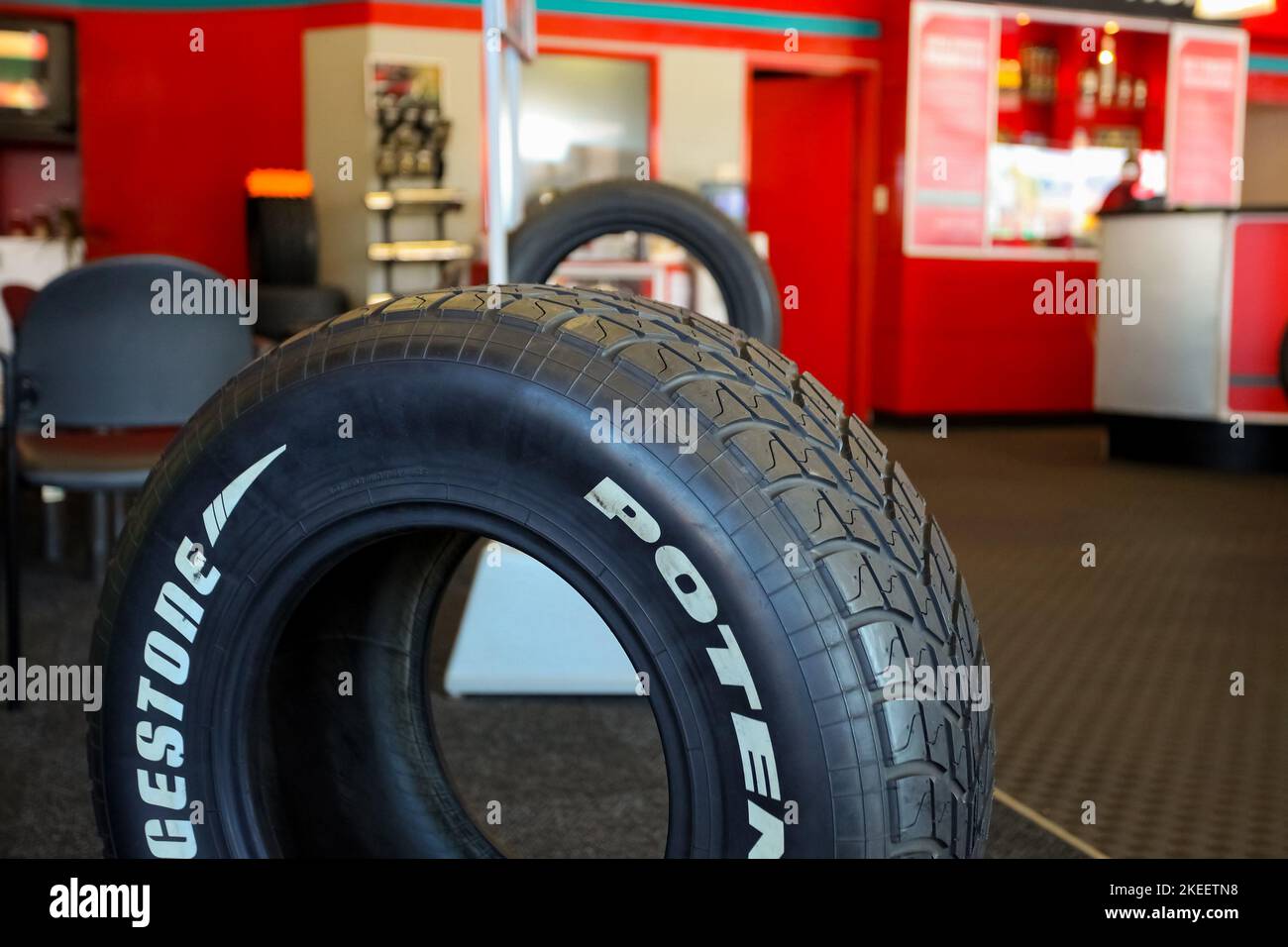 The view of tires in a repair and wheel alignment center in ...