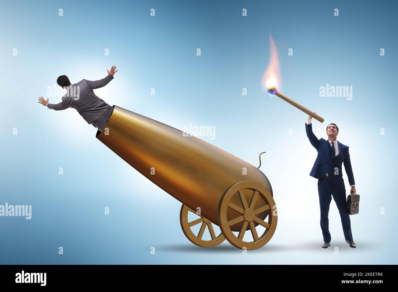Concept of lay-off with the businessman and cannon Stock Photo - Alamy