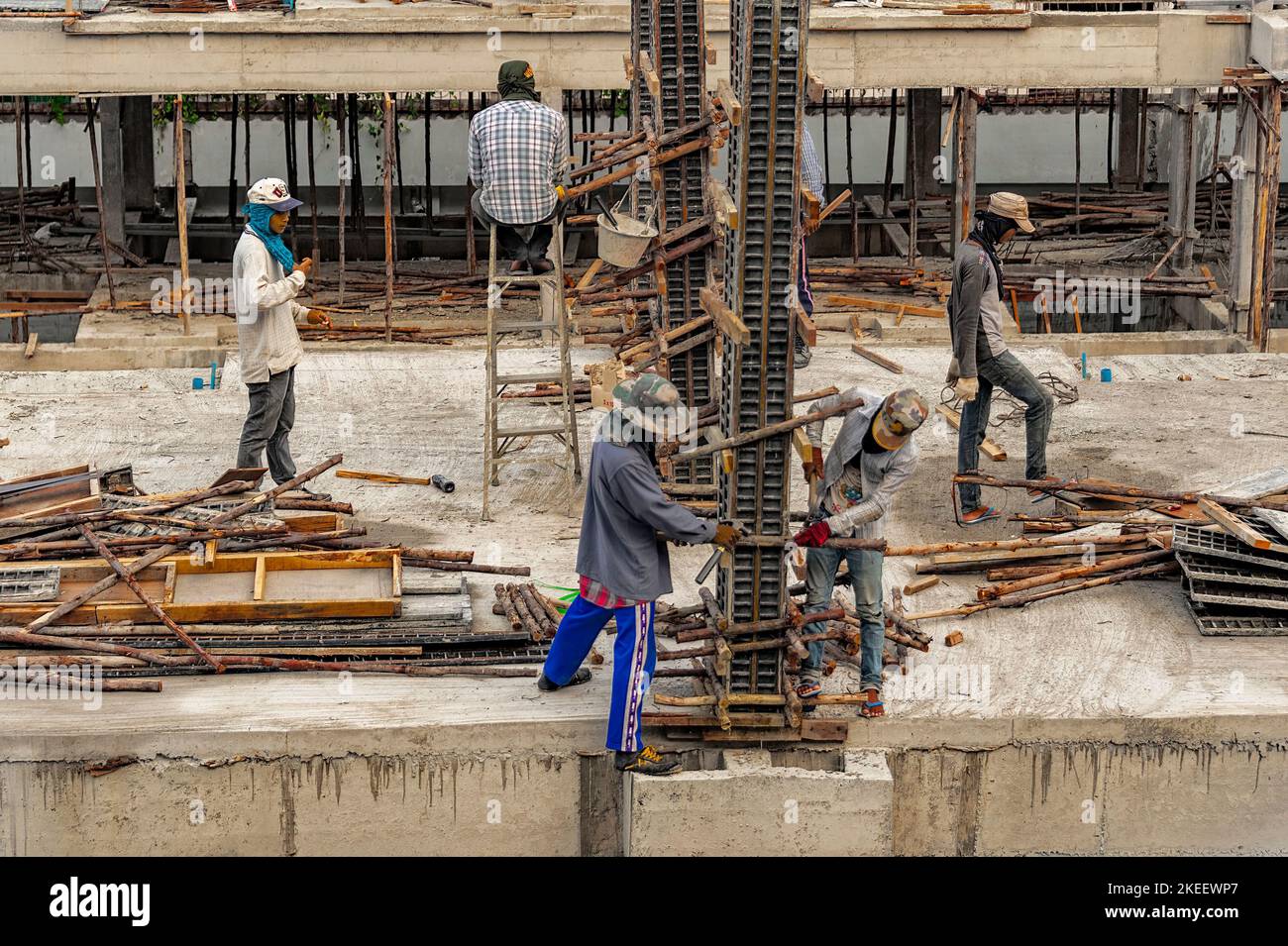 Bangkok, Thailand March 24, 2015: Construction workers assemble steel ...