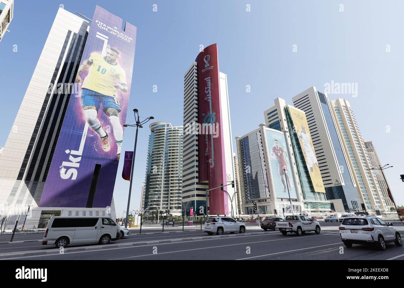 Photo taken in Doha on Nov. 12, 2022, shows decorated high-rise ...