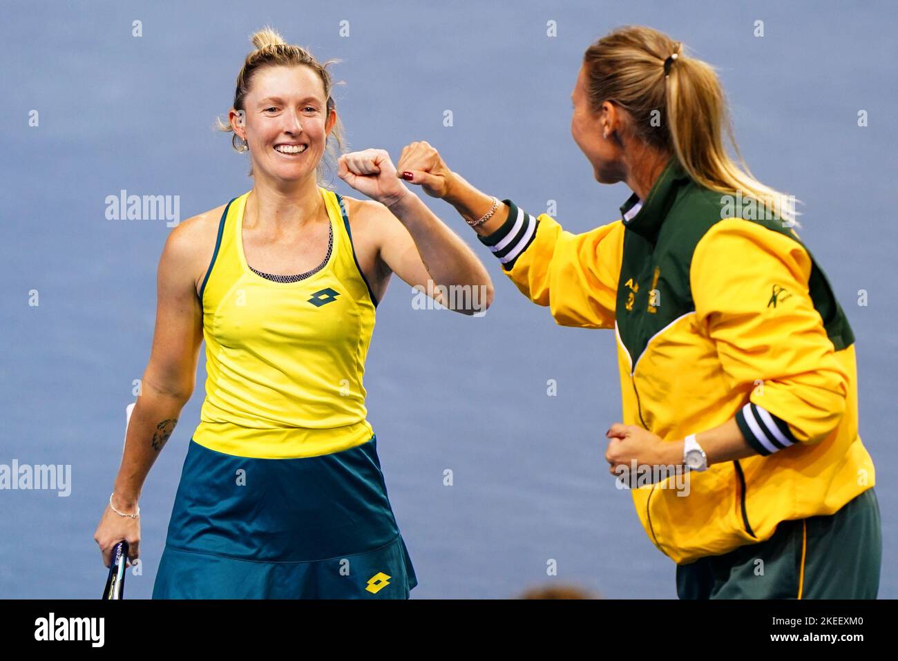 Australia's Storm Sanders fist bumps captain Alicia Molik after beating ...