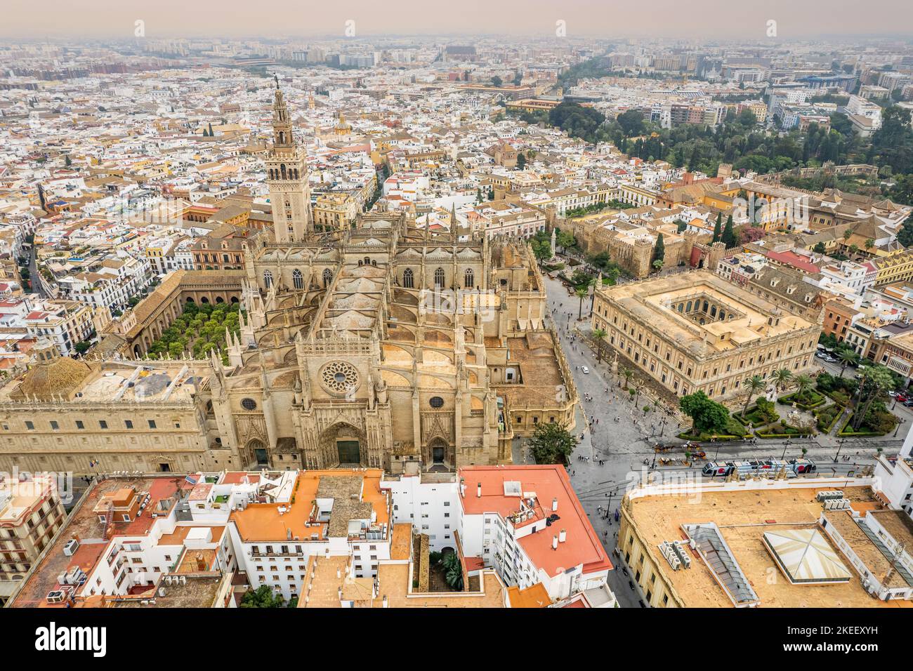 The drone aerial view of Seville Cathedral (Catedral de Santa Maria de ...