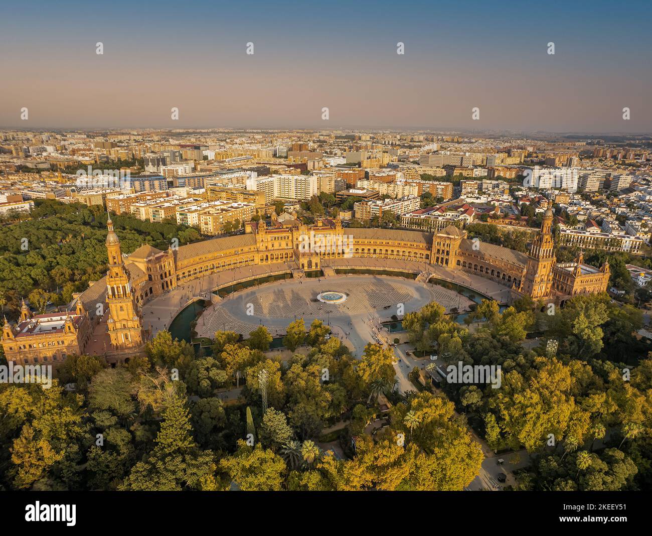 The drone aerial view of Spain Square (Plaza de Espana) in Seville ...
