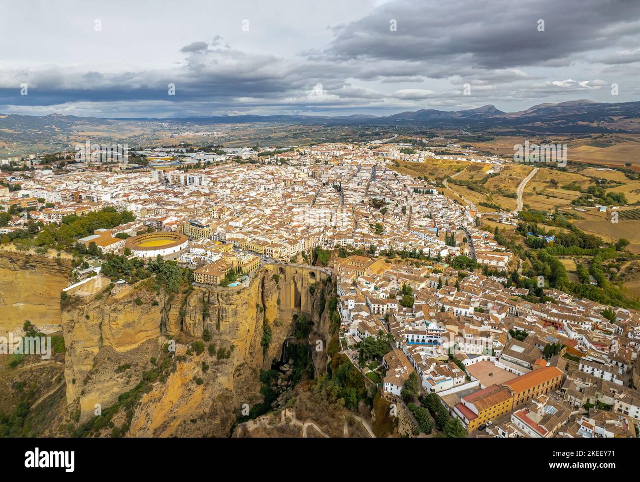 The drone aerial panoramic view of Ronda, Spain. Ronda is a town in the ...