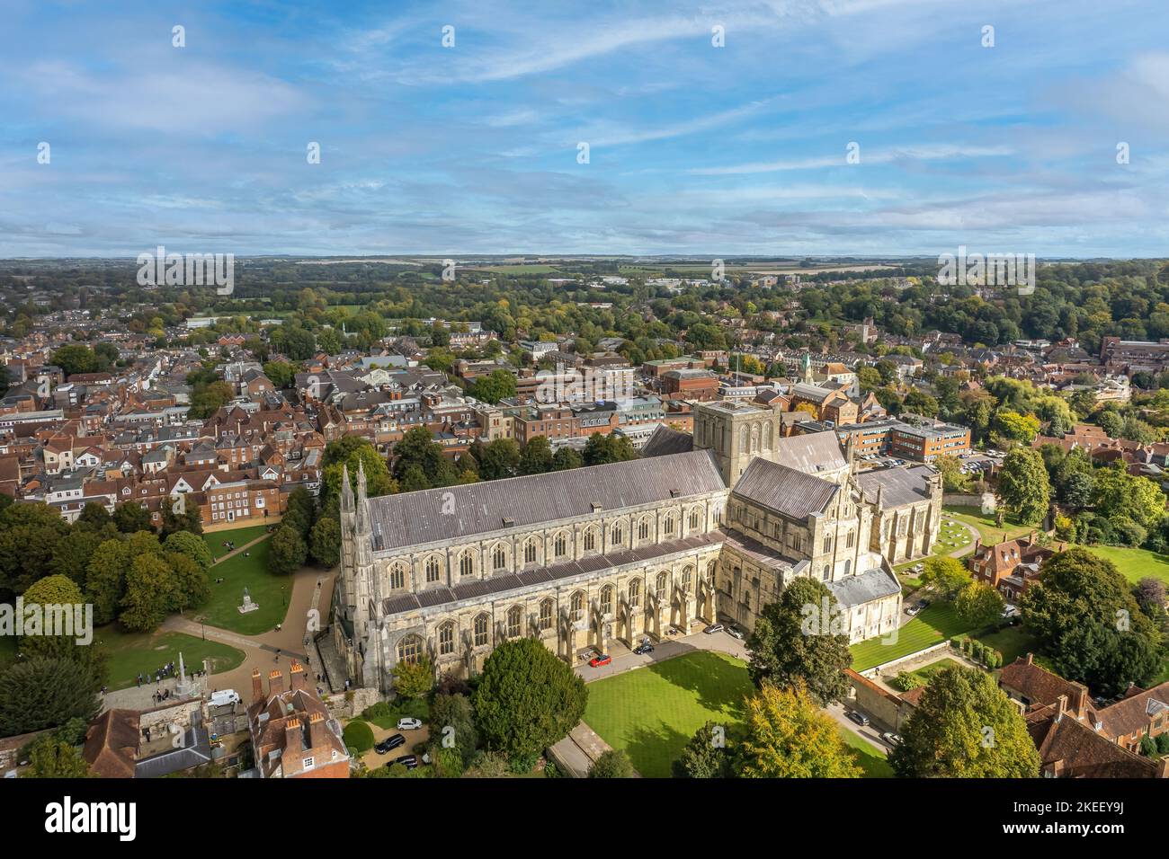 The drone aerial view of Winchester Cathedral and city, England. The ...