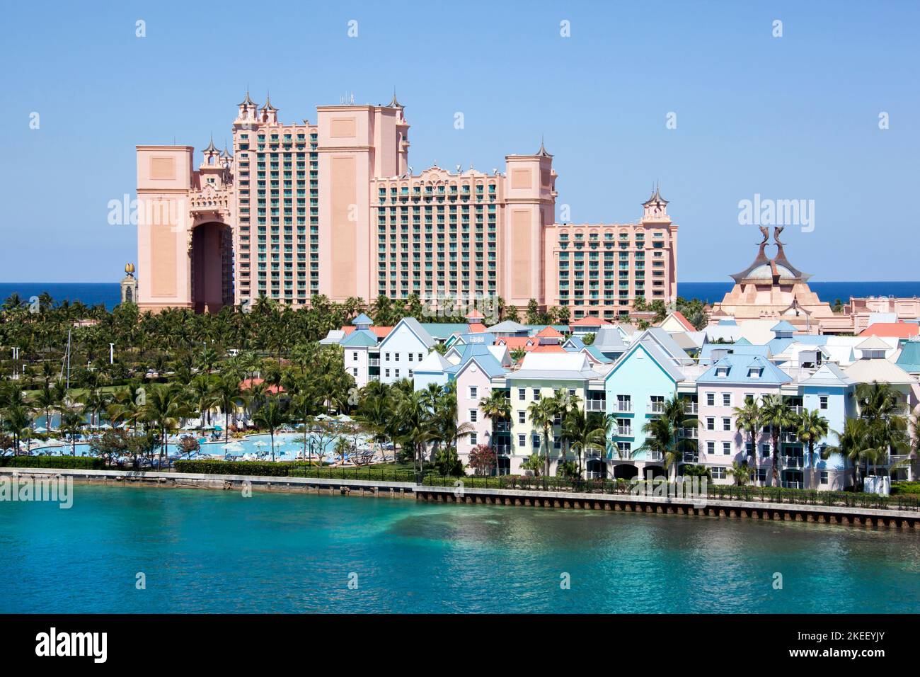 The aerial view of resort buildings and a park on Paradise Island, the ...
