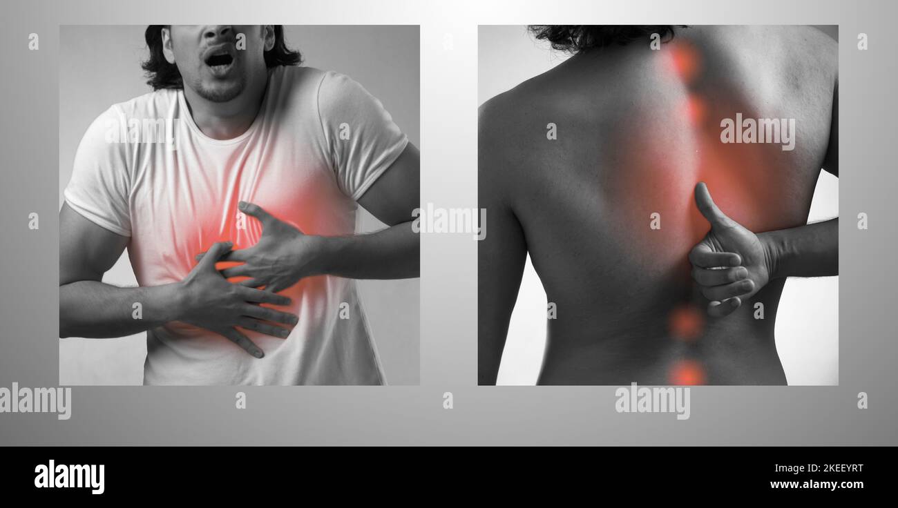 The collage of man suffering from acute pain Stock Photo - Alamy