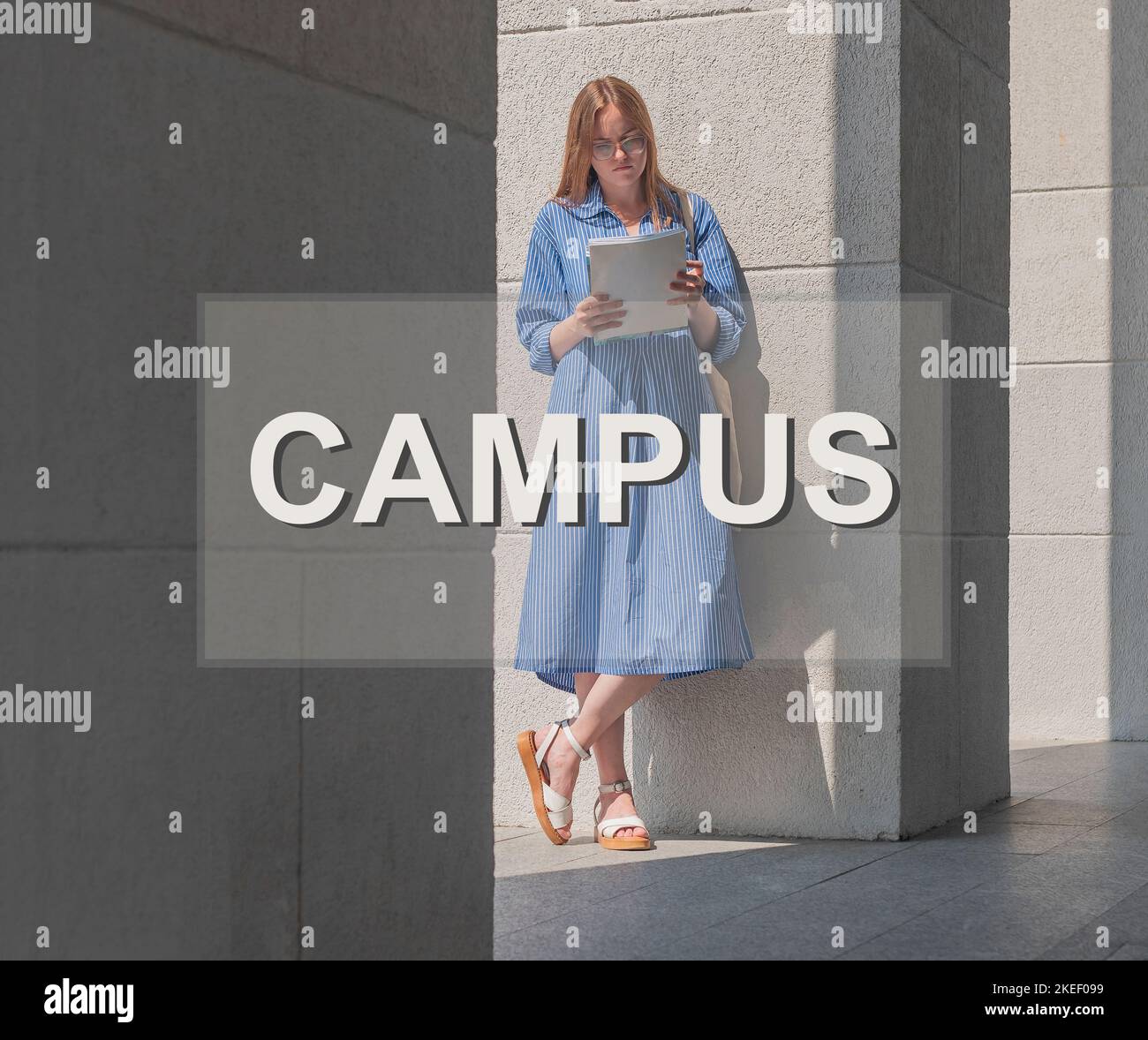 Campus word, text on photo with woman student Stock Photo - Alamy