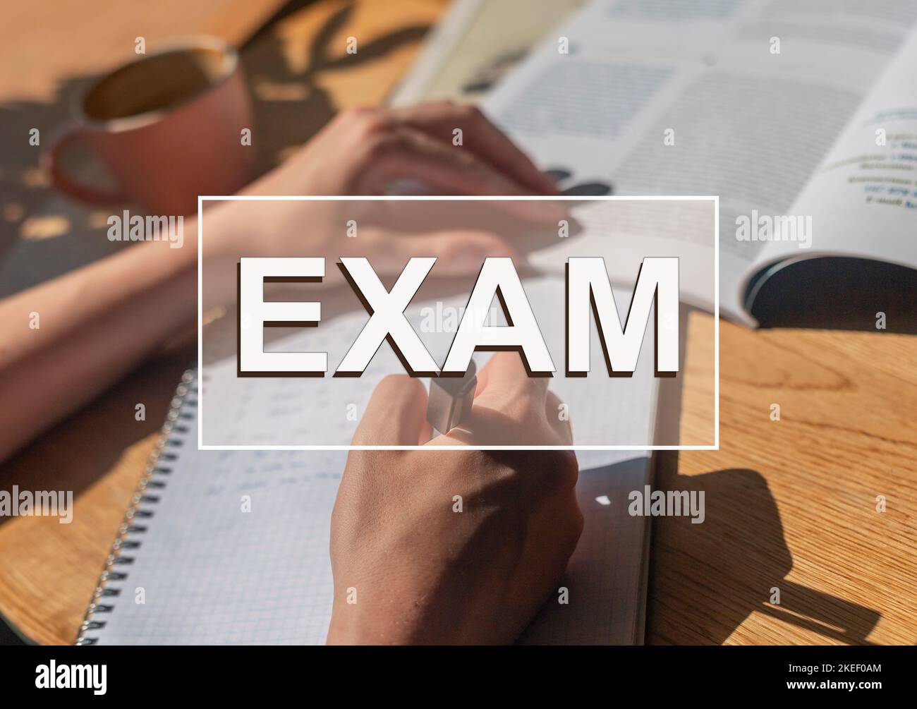 Exam word. Education and studying concept with student writing Stock ...