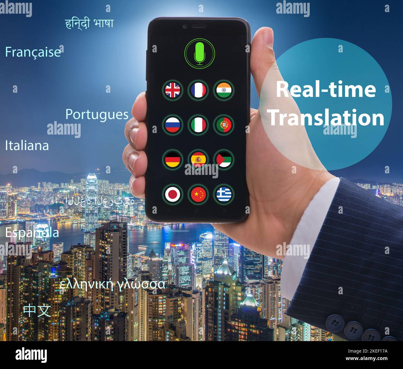 The concept of real time translation with smartphone app Stock Photo ...