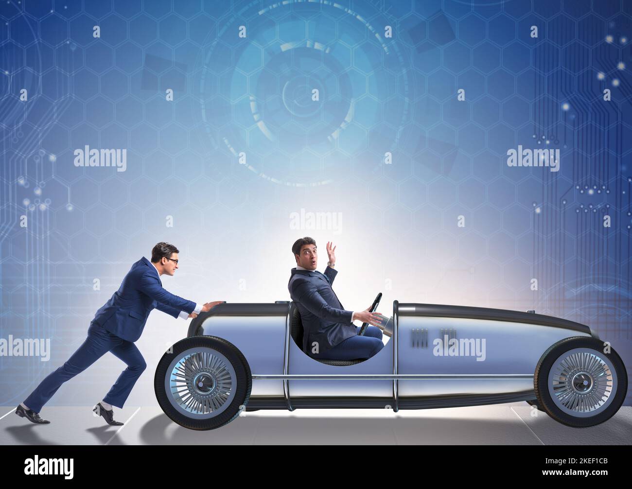 The businessman car pushing in teamwork concept Stock Photo - Alamy