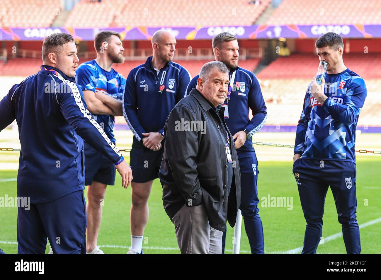 Shaun Wane Head Coach of England and his team arrive at the Emirates ...
