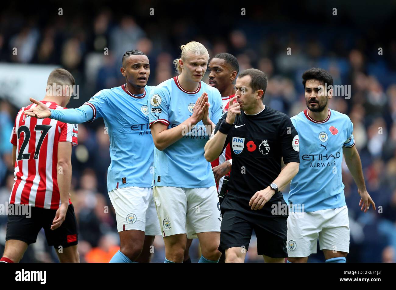 Manchester City's Erling Haaland appeals to referee Peter Bankes during ...