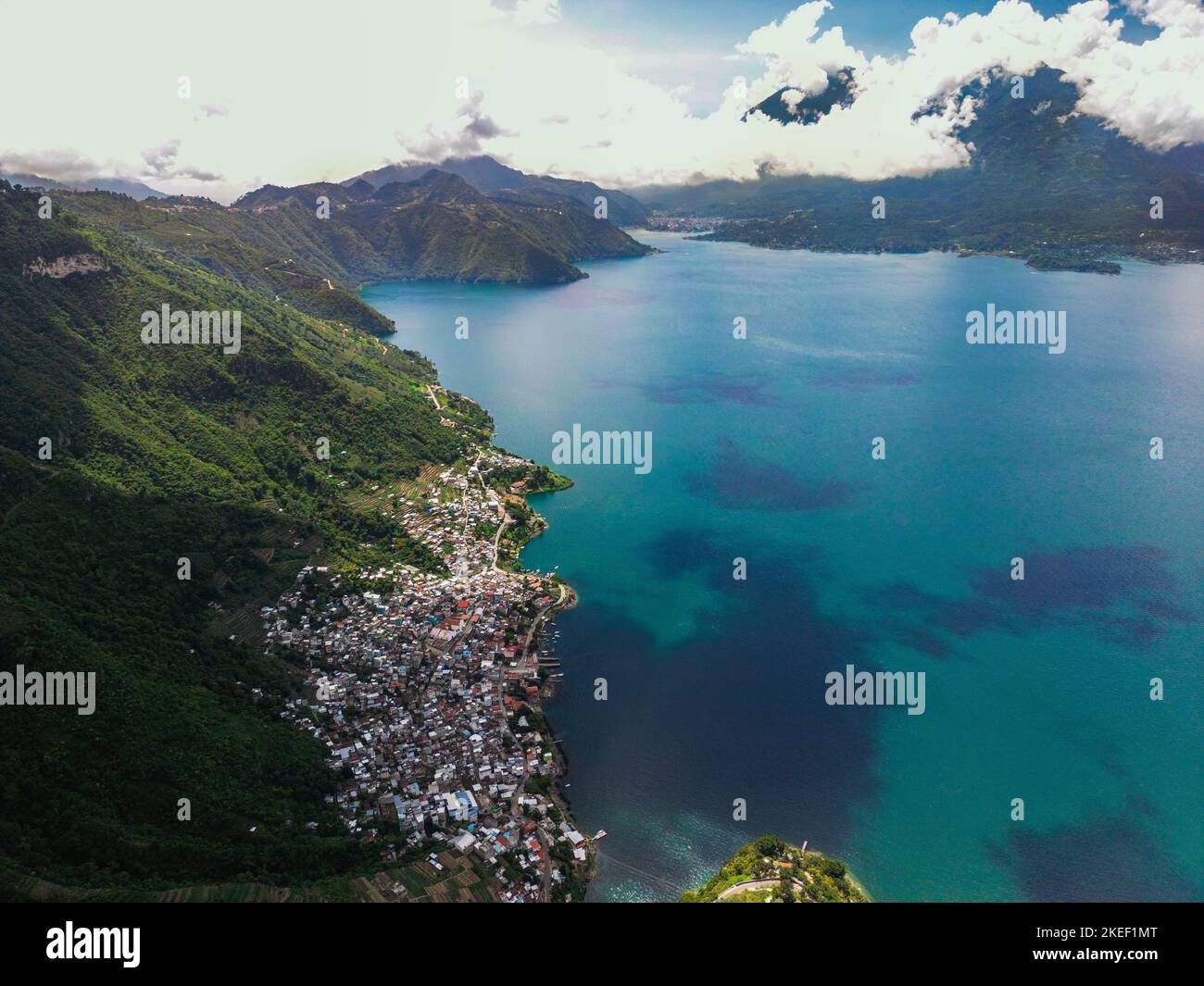 An aerial view of beautiful Lake Atitlan in Guatemala with crystal ...
