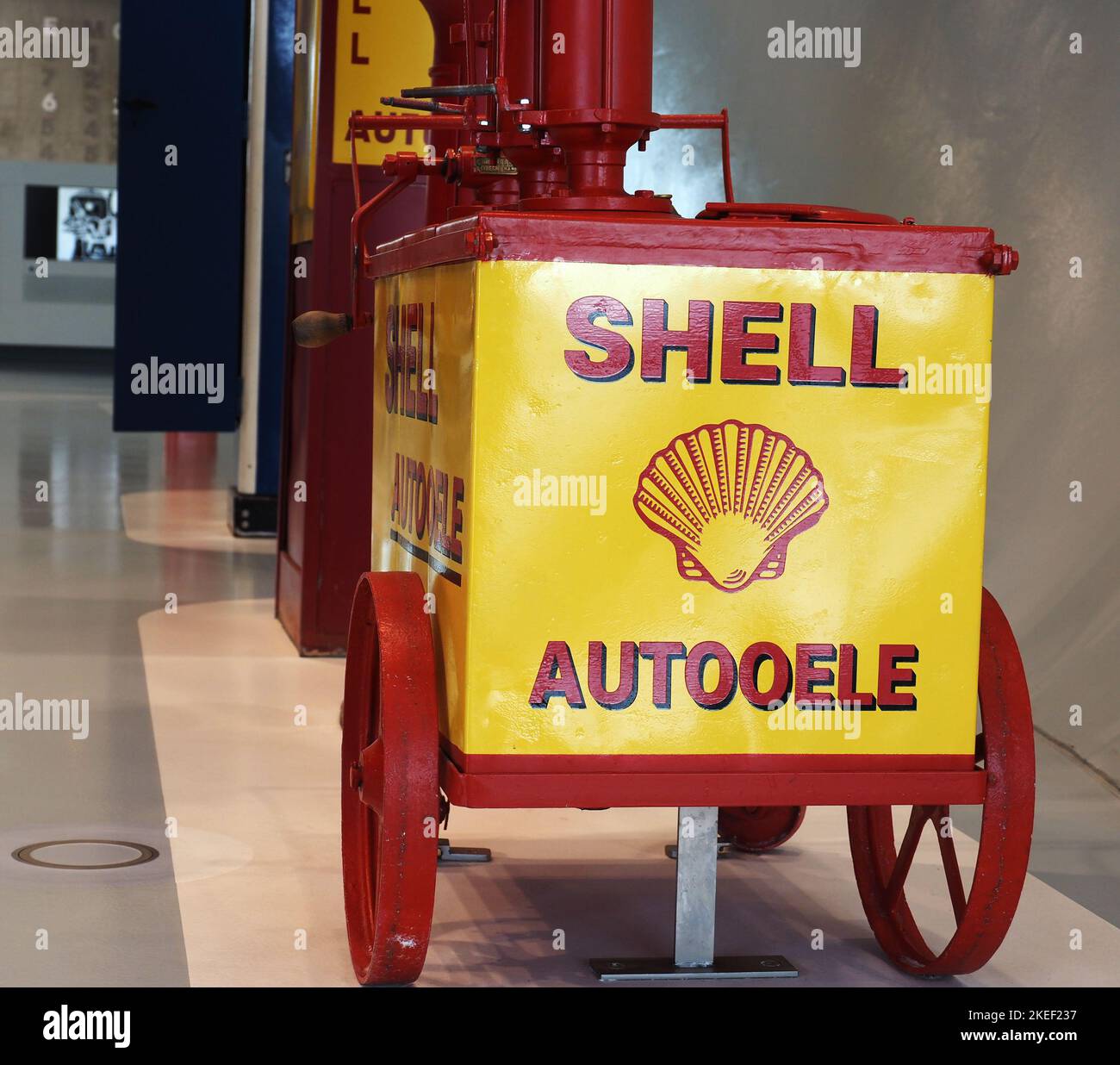 Antique car fuel pumps with the Shell logo at the Mercedes-Benz Museum ...