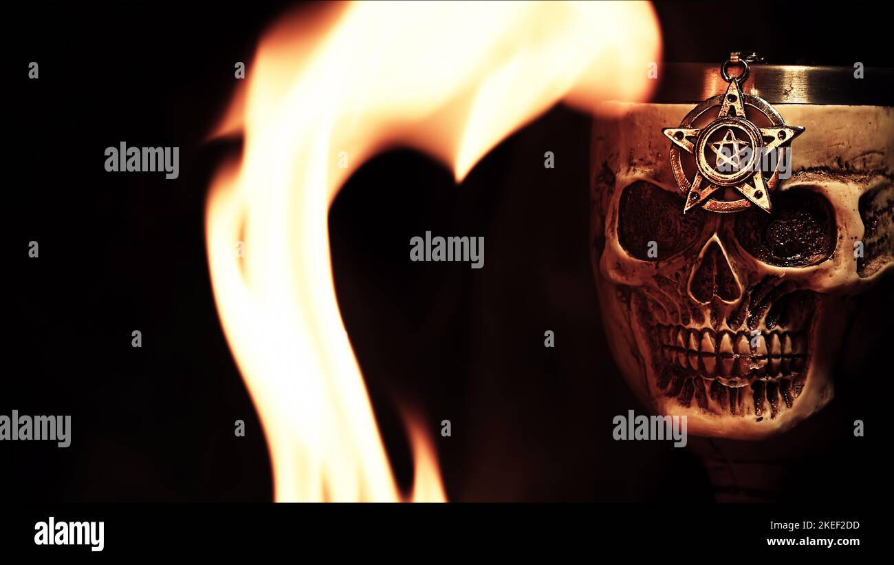 Greece and Babylonia Religion Symbol Pentagram on Skull Head and Fire ...