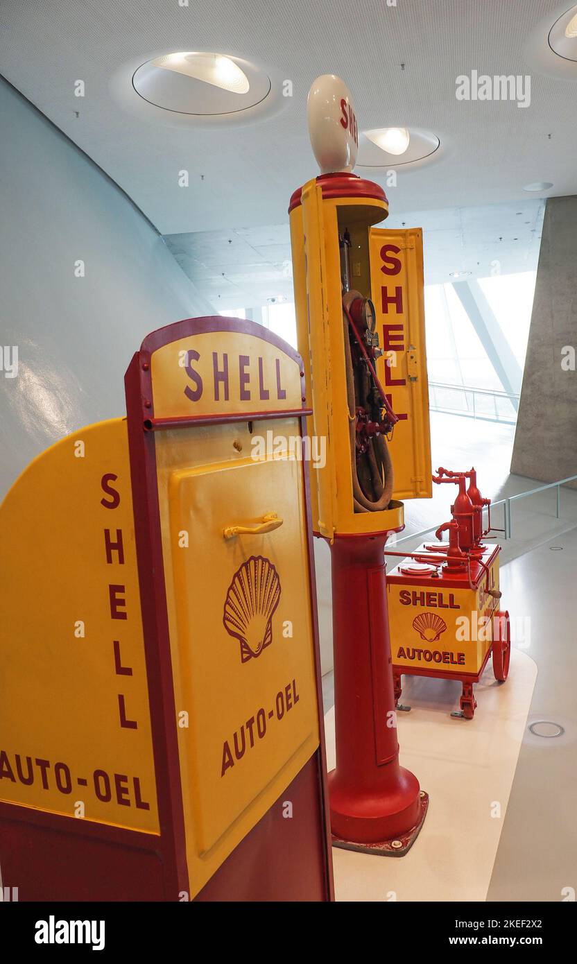 Antique car fuel pumps with the Shell logo at the Mercedes-Benz Museum ...