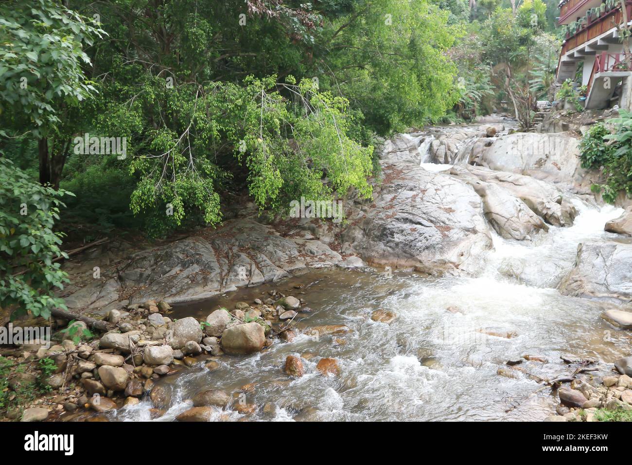 waterfall and tree in the forest and house near the waterfall Stock ...