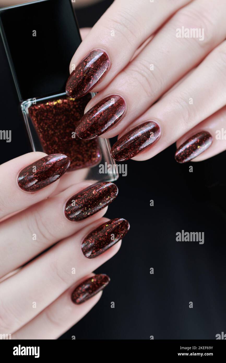 Woman hand with long nails and a bottle of dark red burgundy nail ...