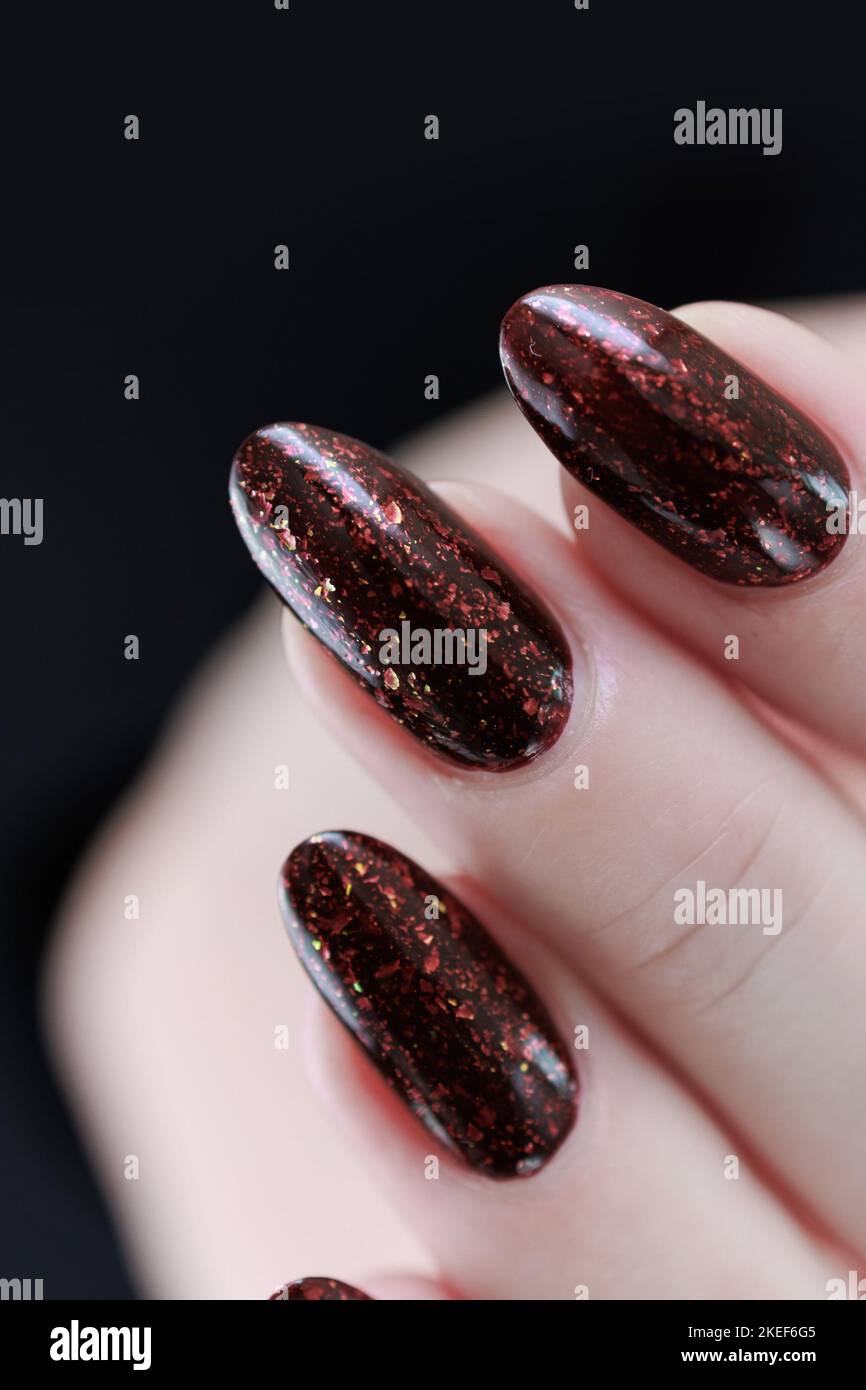 Woman hand with long nails and a bottle of dark red burgundy nail ...