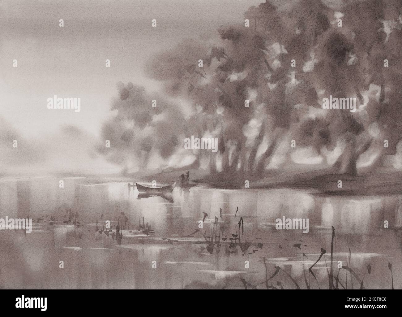 A boat by the lake in the mist watercolor background Stock Photo - Alamy