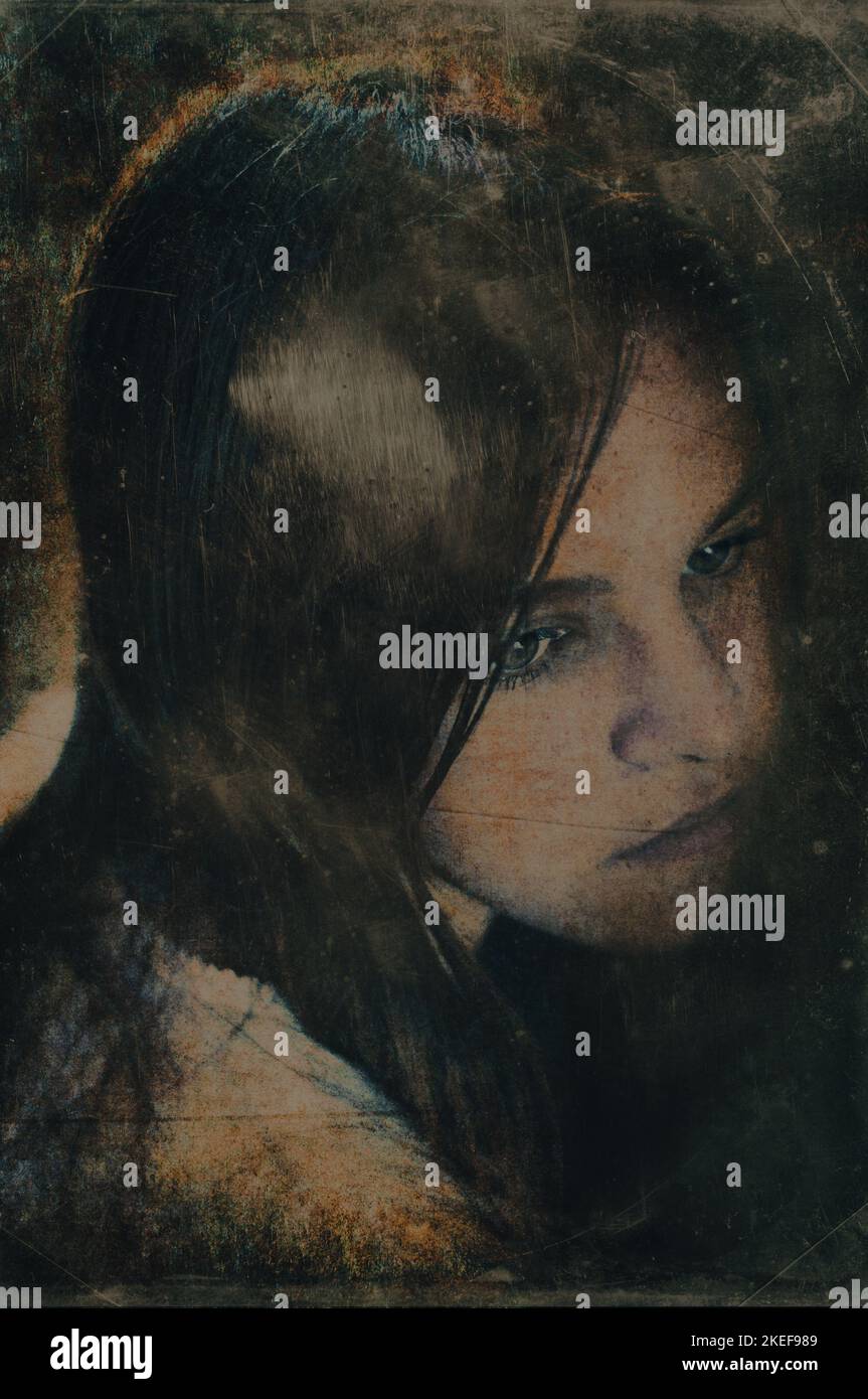 stressed portrait of a young woman, concept of mental health and ...