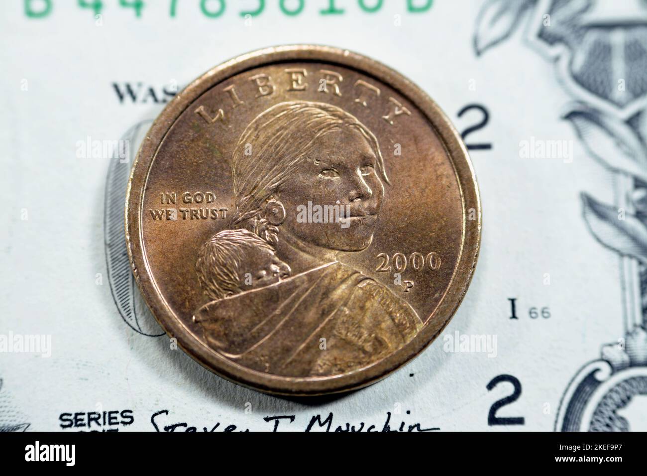 The golden Sacagawea dollar series 2000, American 1 $ one dollar coin ...