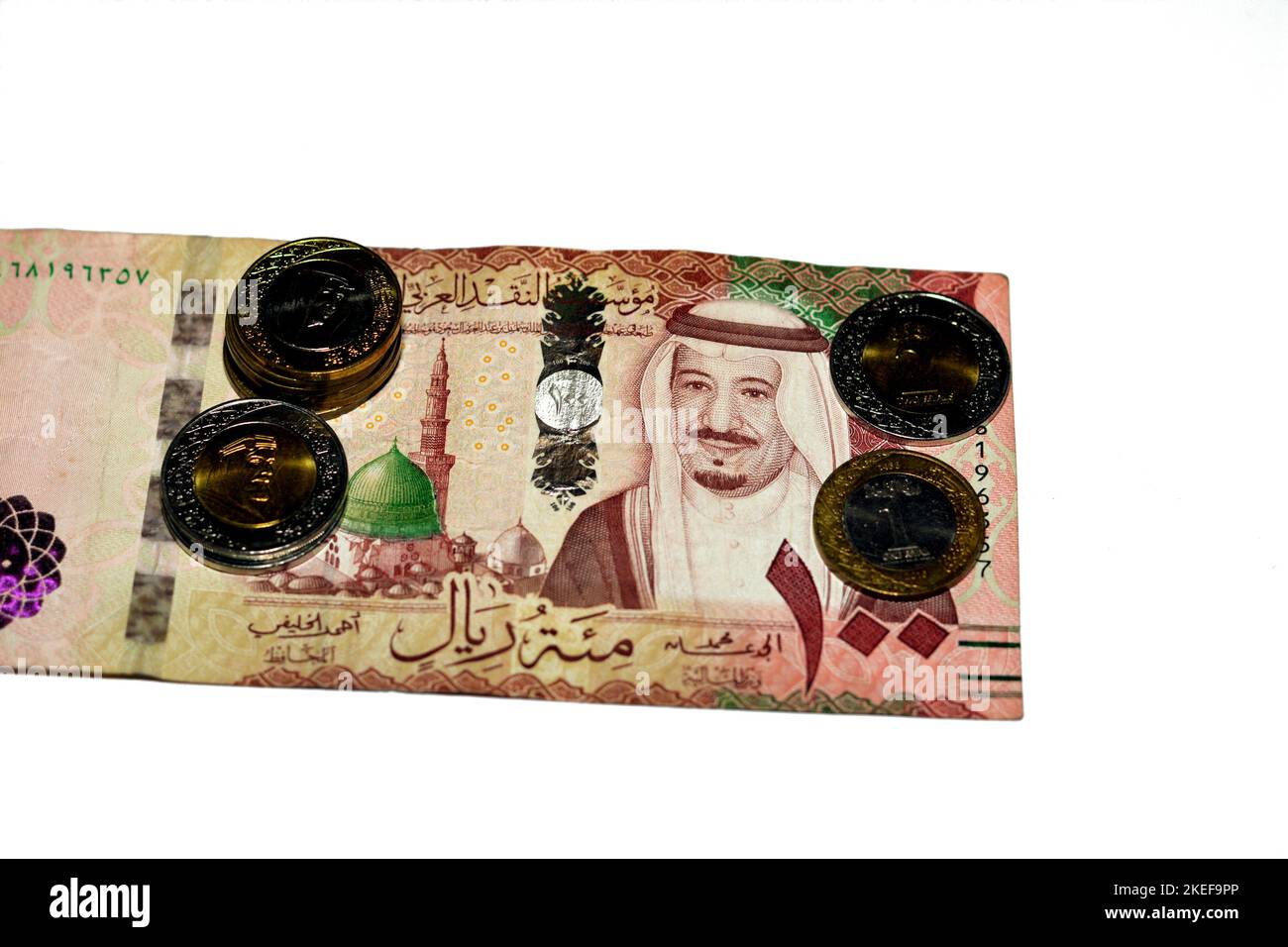 100 SAR one hundred Saudi Arabia riyals cash money banknote with pile ...