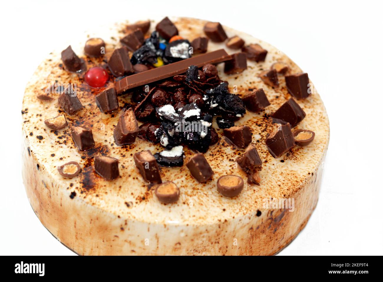 Caramel chocolate festive cake covered with caramel and whipped cream ...