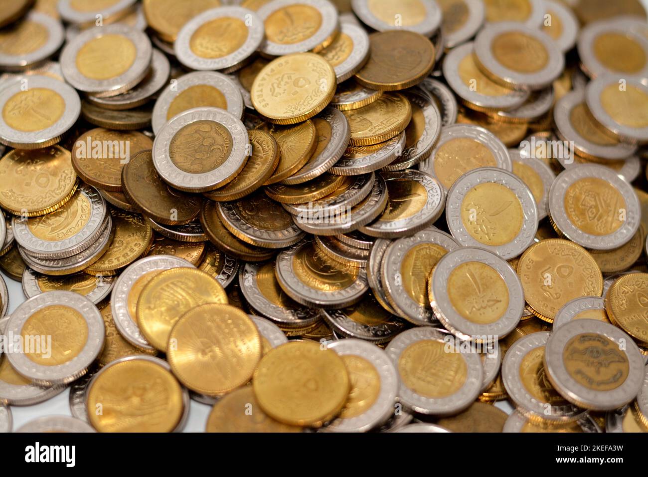 Large amount of Egyptian coins, Piles of 1 EGP LE one Egyptian pound ...