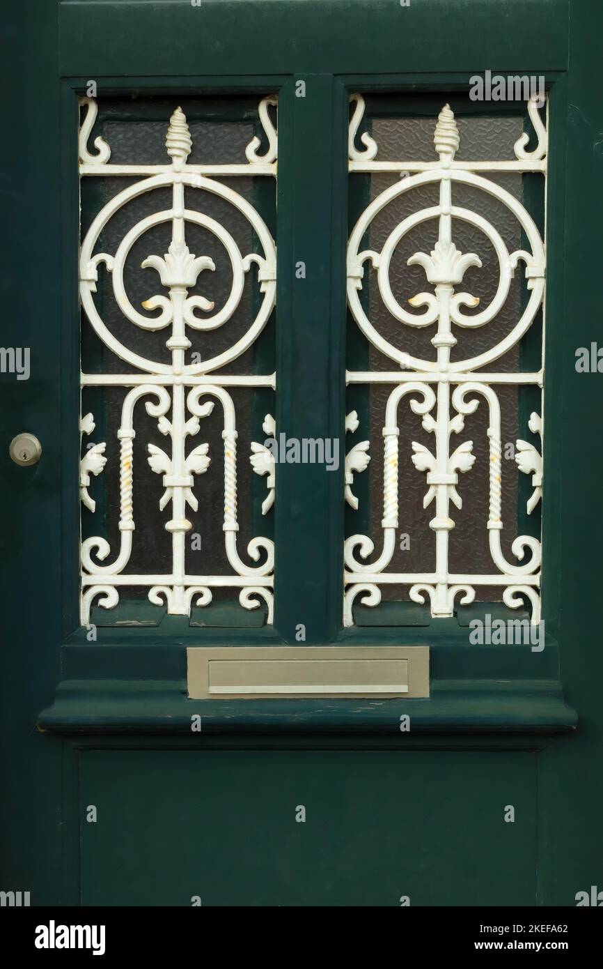 Details of green front door with art nouveau ironwork, Utrecht, the ...